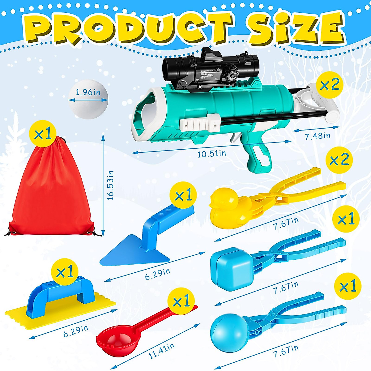 Halloscume 2 Snow Ball Guns with 2 Duck/1 Round/1 Square Shaped Snowball Clip, 1 Snow Shovel, 1 Triangle Snow Spade, 1 Spatula, 1 Carry Bag Snow Toys Snowball Maker Tool for Winter, 10 Pcs
