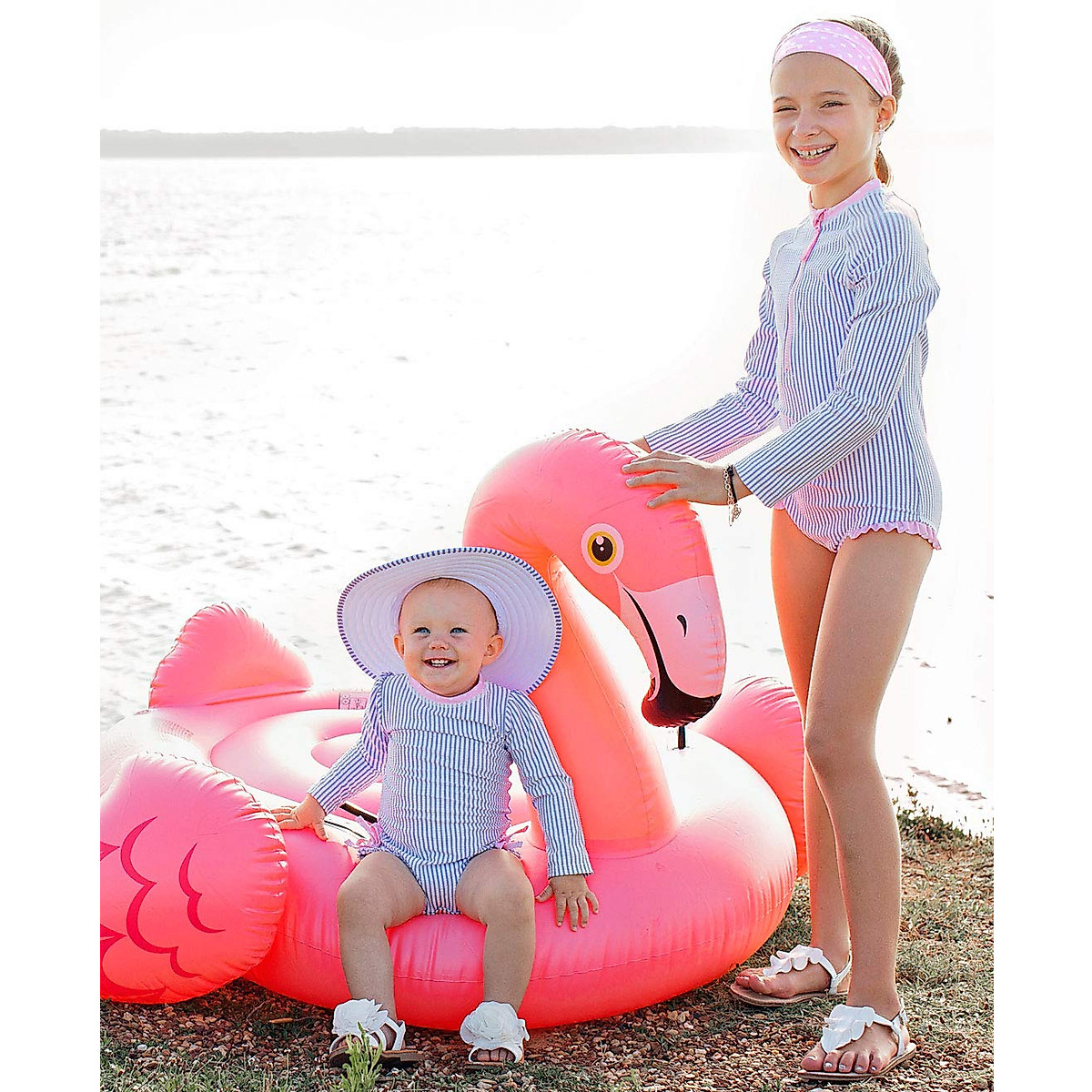 RuffleButts® Baby/Toddler Girls Long Sleeve One Piece Swimsuit - Blue Seersucker with UPF 50+ Sun Protection - 12-18m