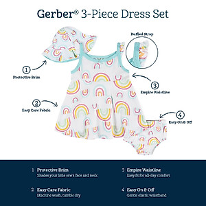 Gerber Baby Girls' 3-Piece Sundress, Diaper Cover and Hat Set, Rainbow Print, 6-9 Months