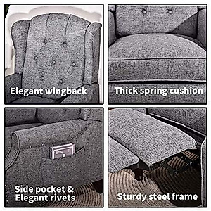 BINGTOO Recliner Chair with Massage and Heat 2 Chairs Set- Accent Chairs for Living Room- Tufted Fabric Push Back Recliner Chair, Footrest and Nailhead Trim, Wooden Legs, Wingback (Double, Gray)