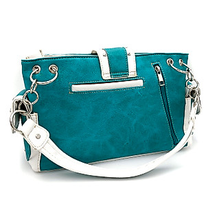 Justin West Tooled Western Leather Turquoise Concho Rhinestone Buckle Studded Shoulder Concealed Carry Handbag Purse (Teal)