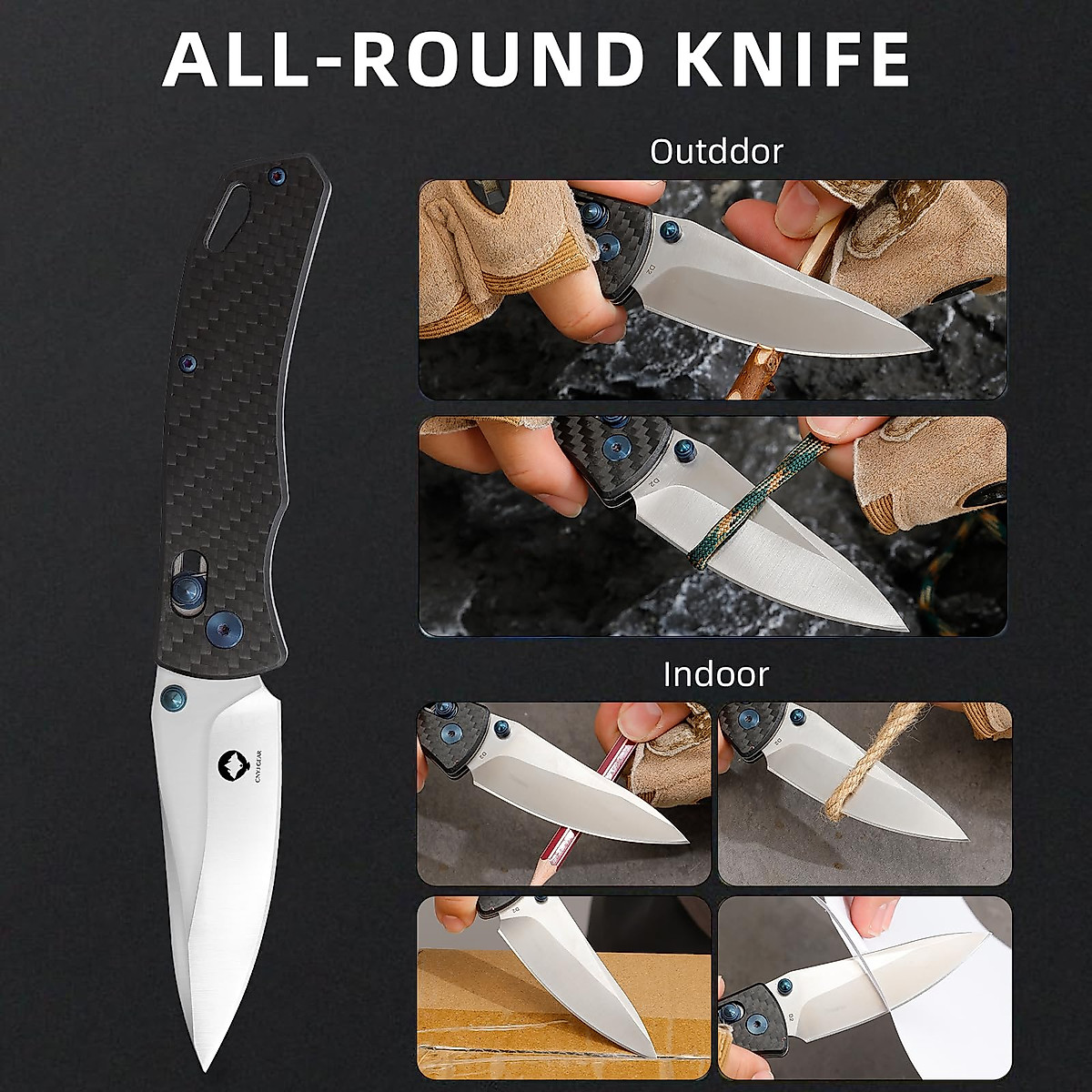 CNYJ Axis Lock Pocket Knife Everyday Carry Folding Knife Thumb Studs Manual Open Pocket Knives Carbon Fiber Handle EDC Knife with Deep Carry Pocket Clip For Men Women
