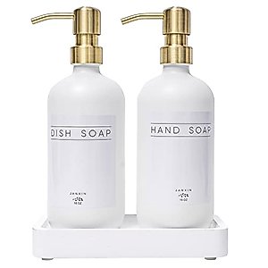 Janxin Glass Soap Dispenser for Kitchen with Stainless Steel Pump and Wood Tray, Modern Bathroom Soap Dispenser with Waterproof Labels for Hand Soap, Dish Soap, Lotion(White Bottles+Gold Pumps)