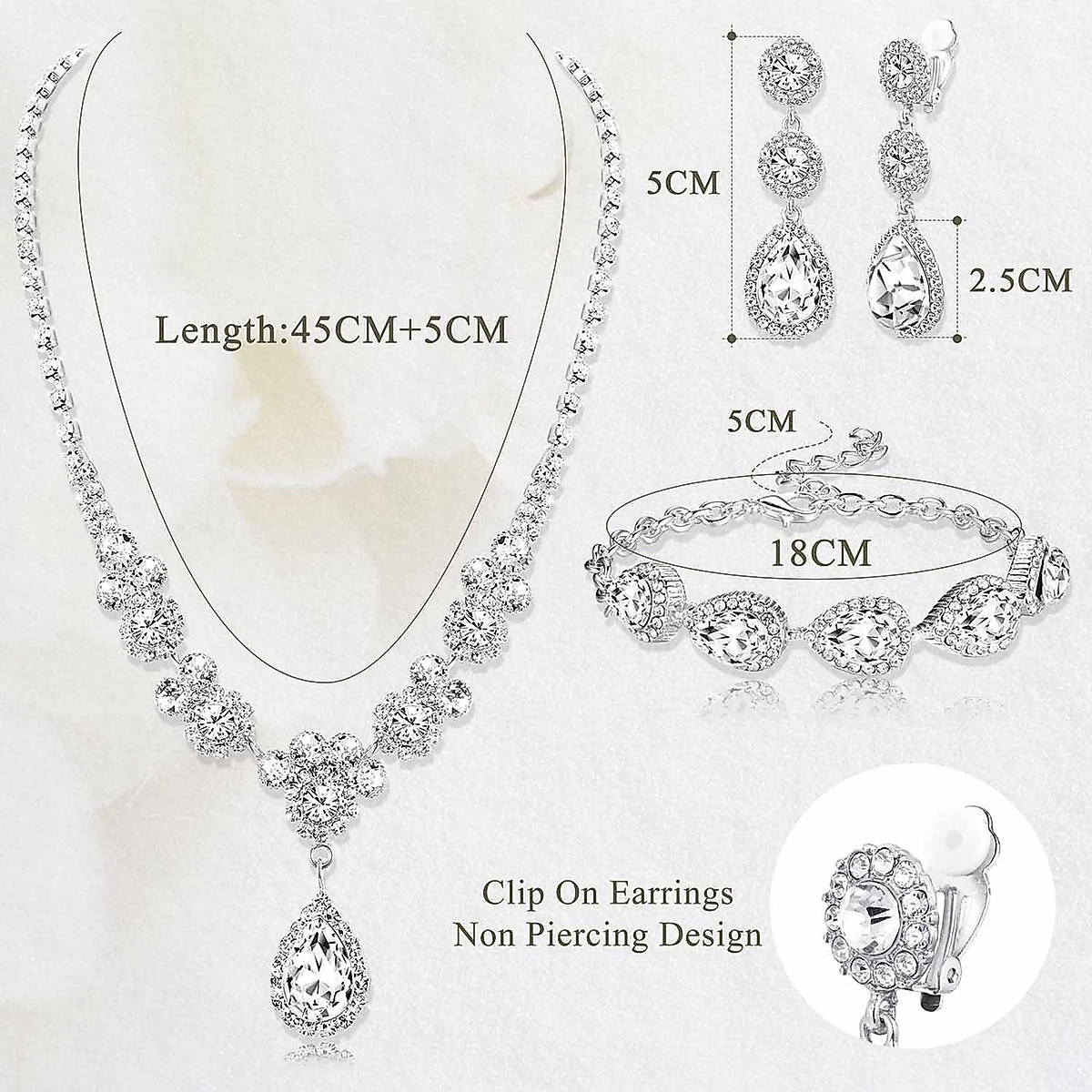 Jstyle Rhinestone Bridal Jewelry Set Necklace Bracelet Clip On Earrings for Brides Bridesmaid Cluster Crystal Teardrop Pendants Jewelry Set for Wedding Prom（S