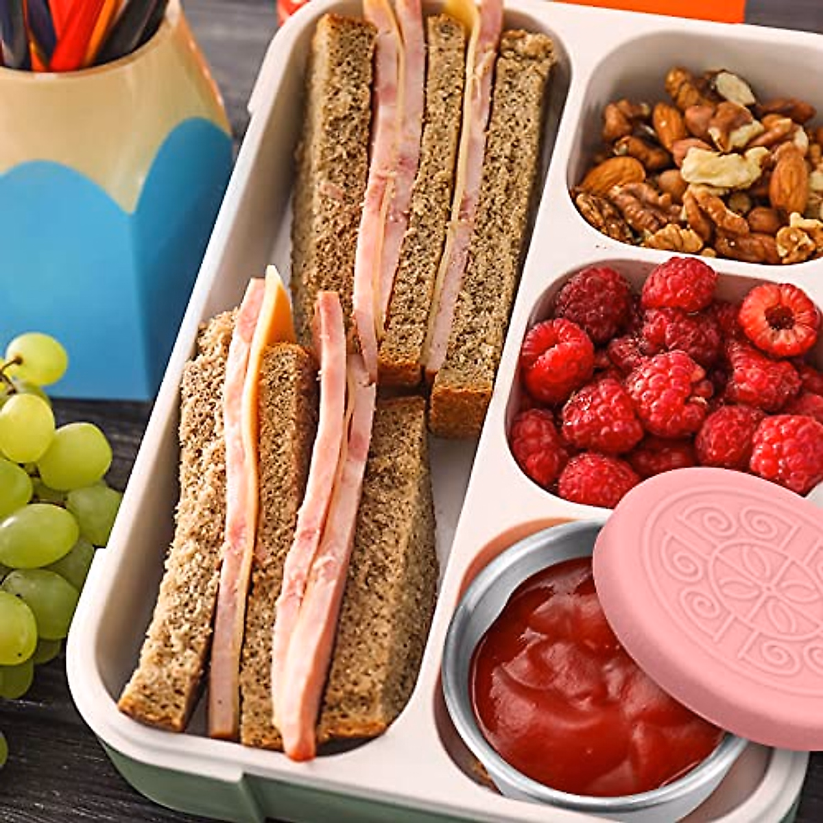 Oalushf Salad Dressing Container To Go, 1.6oz Reusable Sauce Containers with Leakproof Silicone Lids, 6Pcs Stainless Steel Condiment Cup for School Bento Lunch Box(pattern)