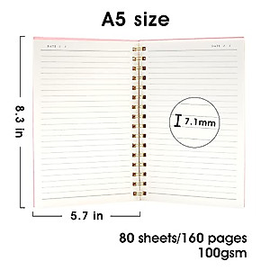 Spiral Notebook College Ruled A5 Spiral Bound Journal 160 Pages Thick Paper Plastic Hardcover Spiral Notebook 5x7 Wire Bound Notebooks for Note Taking School Office Supplies,Pink