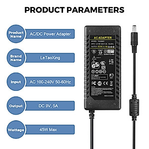 LeTaoXing 9V 5A Power Adapter Supply AC 100V~240V to DC 9 Volt 45W 5amp 9V/5A Converter Transformer with 5.5x2.5mm Plug Cord for Electrical Products