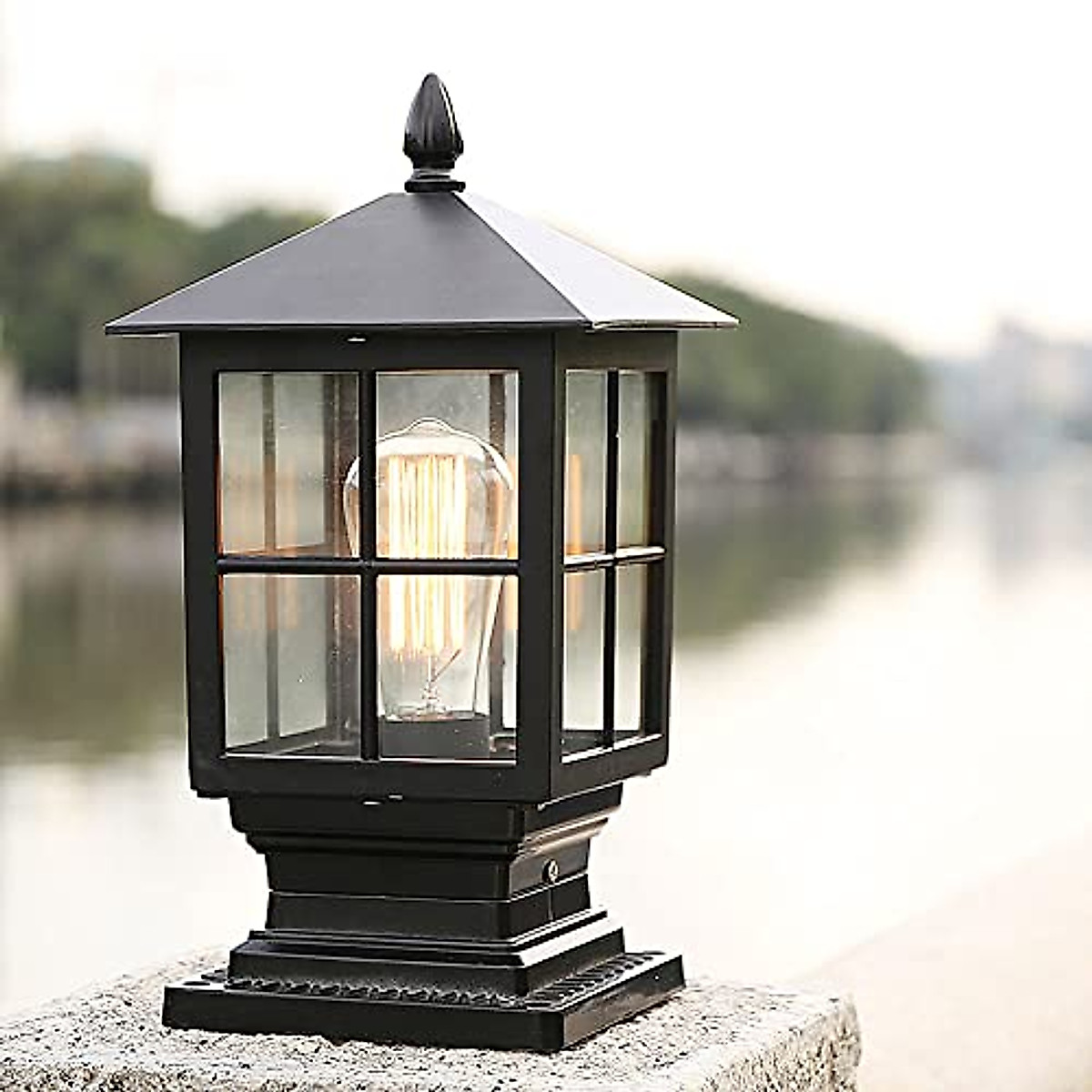 CZLZY European Style E27 Pillar Lamp Outdoor Courtyard Fence Post Light Waterproof IP54 Glass Lampshade Garden Lawn Decoration Column Light Base Landscape Light Pillar Pole Lamp