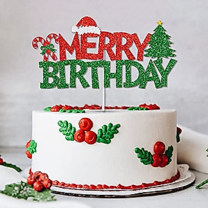Christmas Birthday Decoration Set,Glitter Merry Birthday Banner,Santa Tree Merry Birthday Cake Topper and 30pcs Christmas Balloons for Christmas Birthday Party,Winter Holiday Baby Shower Birthday Party Decor