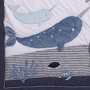 NoJo Seas The Day Blue and White Whale, Narwhal, Sea Lion, Shark 4 Piece Crib Bedding Set - Comforter, 100% Cotton Fitted Crib Sheet, Crib Skirt, and Storage