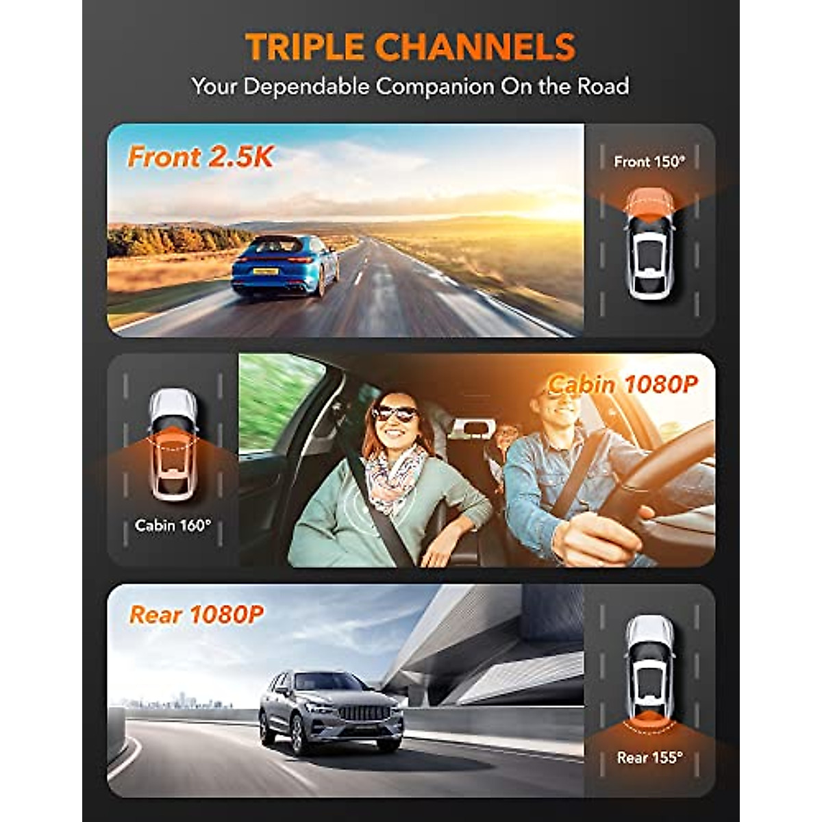 WOLFBOX i07 Dash Cam, 3 Channel Dash Cam with WiFi GPS, 4K+1080P Dash Camera Front and Inside, 2.5K 1600P+1080P+1080P Dashcam Front Rear and Cabin, 3" LCD Super IR Night Vision, Smart Parking Monitor