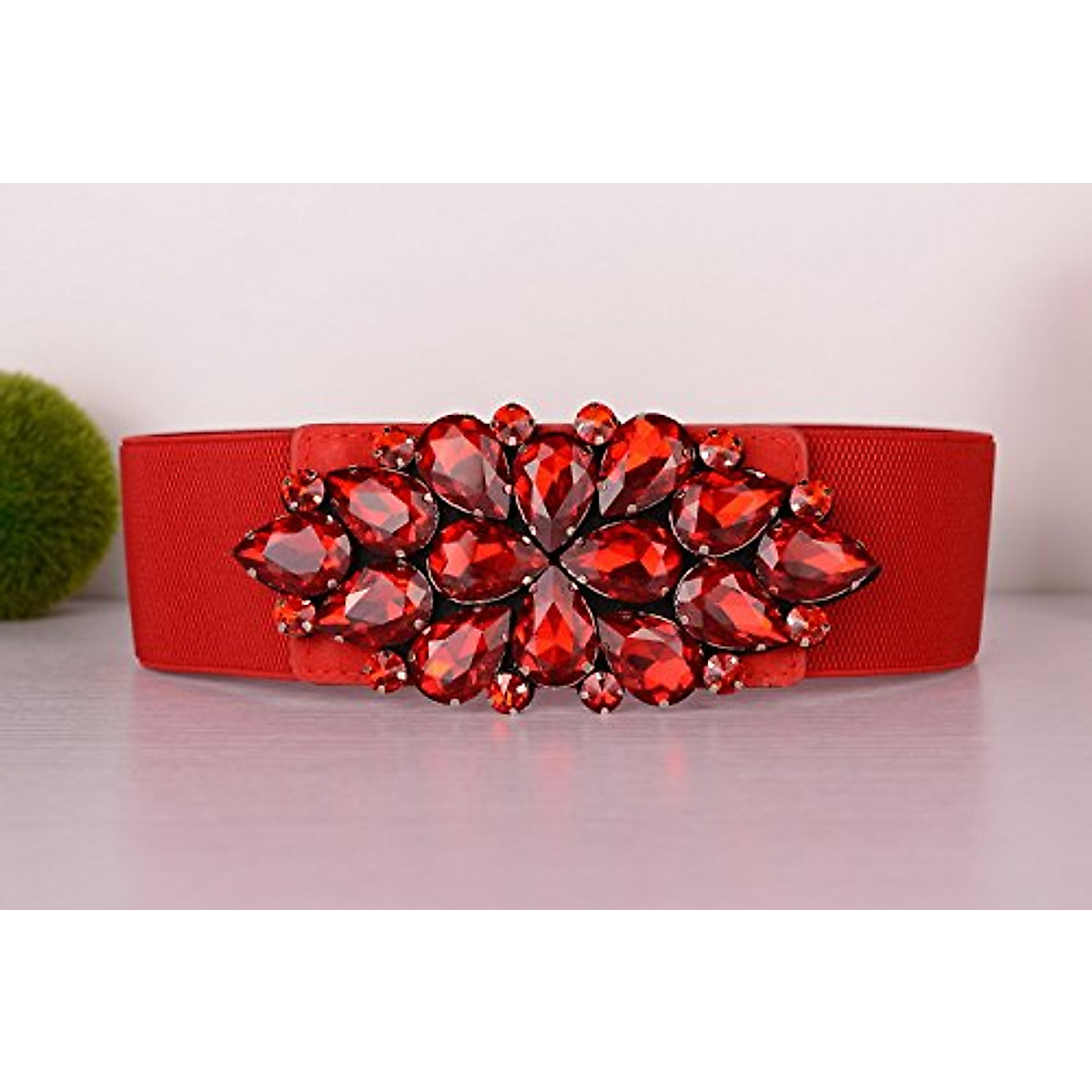 Dorchid Women Rhinestone Belt Crystal Elastic Waist Floral Cummerbund for Dress (Red, XL-XXL(35~41"))