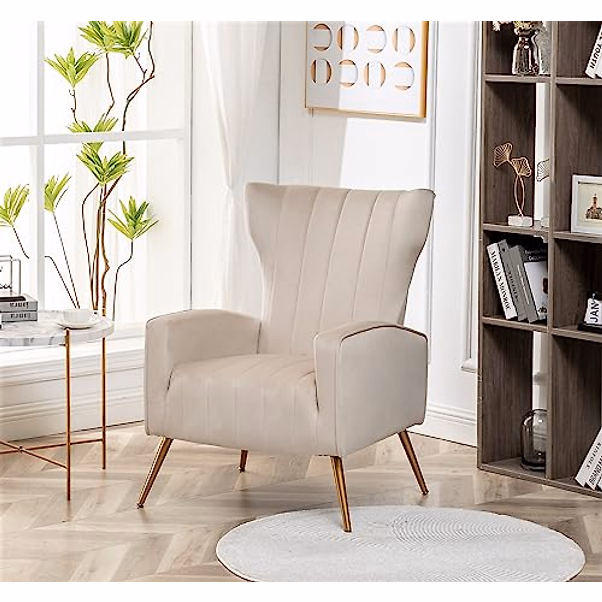 Container Furniture Direct Modern Velvet Accent Chair, Channel Tufted Bedroom, Office or Living Room Furniture with Elegant Metal Legs, 26" Wide Armchair, Beige