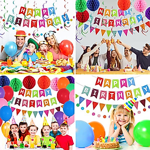 RUBFAC Rainbow Birthday Decorations, Happy Birthday Banner, 6 Honeycomb Balls, 8 Metallic Hanging Swirls, Circle Paper Garland and 30 Balloons
