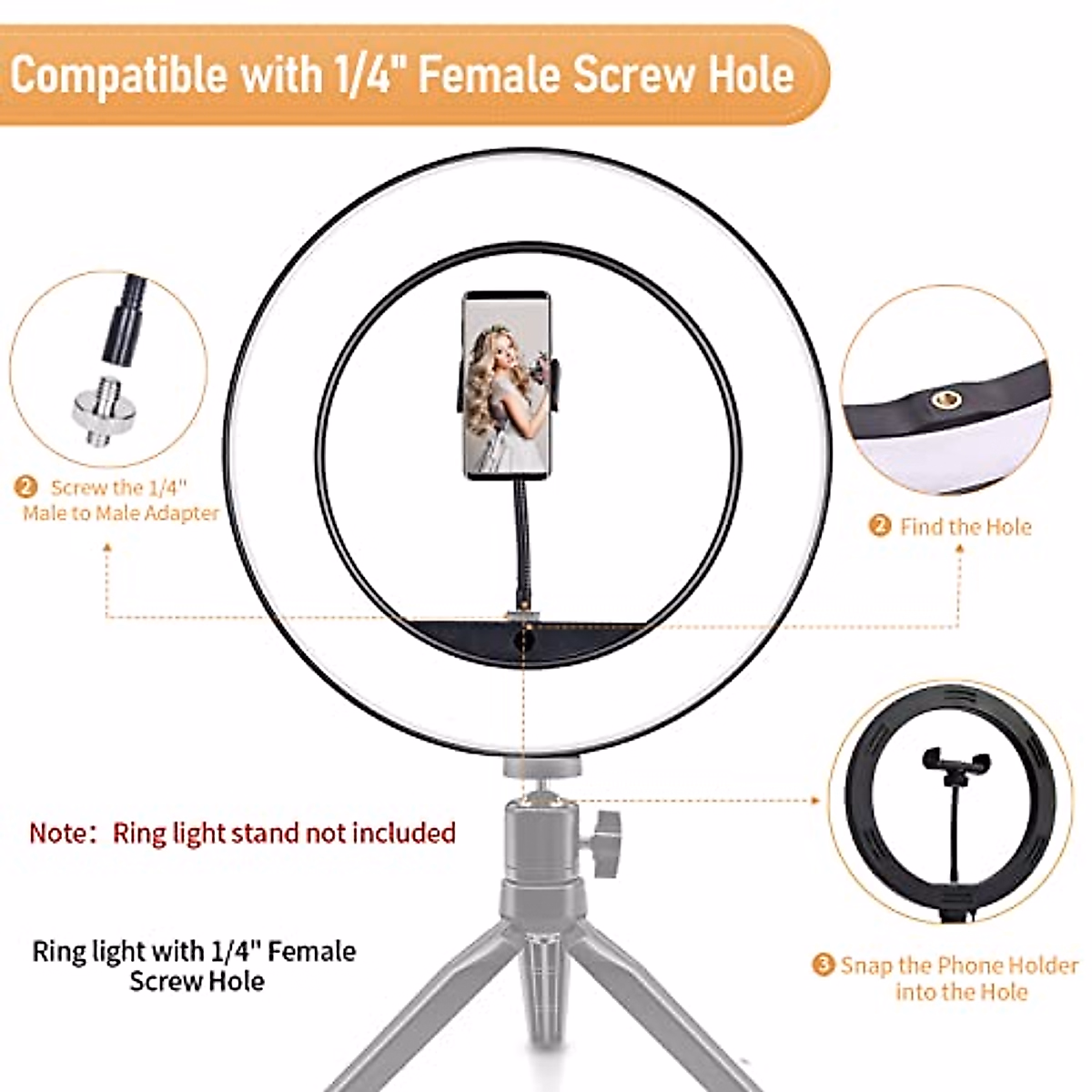 Phone Holder for Ring Light and Tripod Stand with 1/4 and Hot Shoe Adapter, Flexible Phone Tripod Mount Adapter (Black)