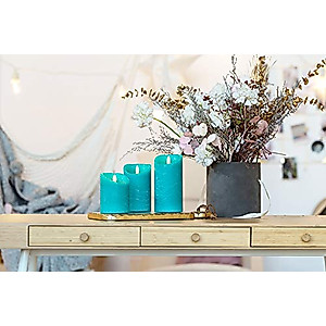 Set of 3 Realistic Flameless Turquoise LED Candles with Remote Control - 4'' 5'' 6'' Electric Wickless Pillar Battery Operated Candles with Flickering Flame Timer