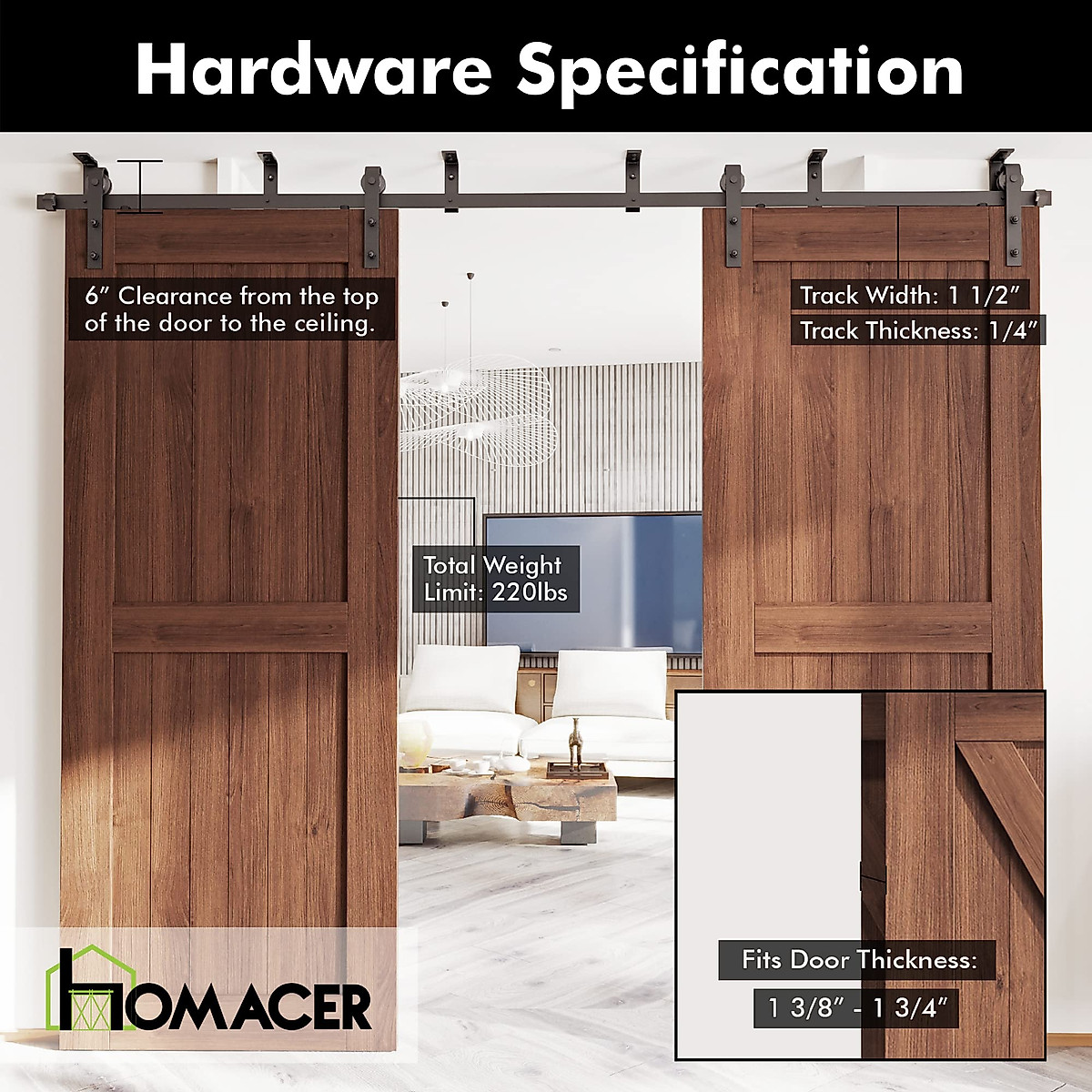 Homacer Black Rustic Ceiling Mount Non-Bypass Sliding Barn Door Hardware Kit, for Two/Double Doors, 10ft Long Flat Track, Interior Use Only (Doors are not Included)