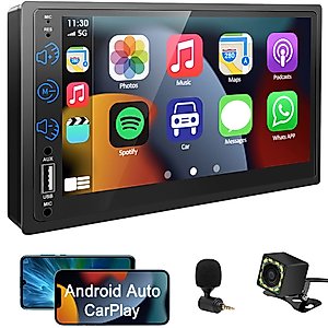 Double Din Car Stereo Radio Voice Control Apple Carplay & Android Auto,7 Inch Touchscreen Car Stereo,Car Radio Multimedia Player Bluetooth 5.2,Mirror Link,Backup Camera,Subwoofer, AM/FM Radio Receiver