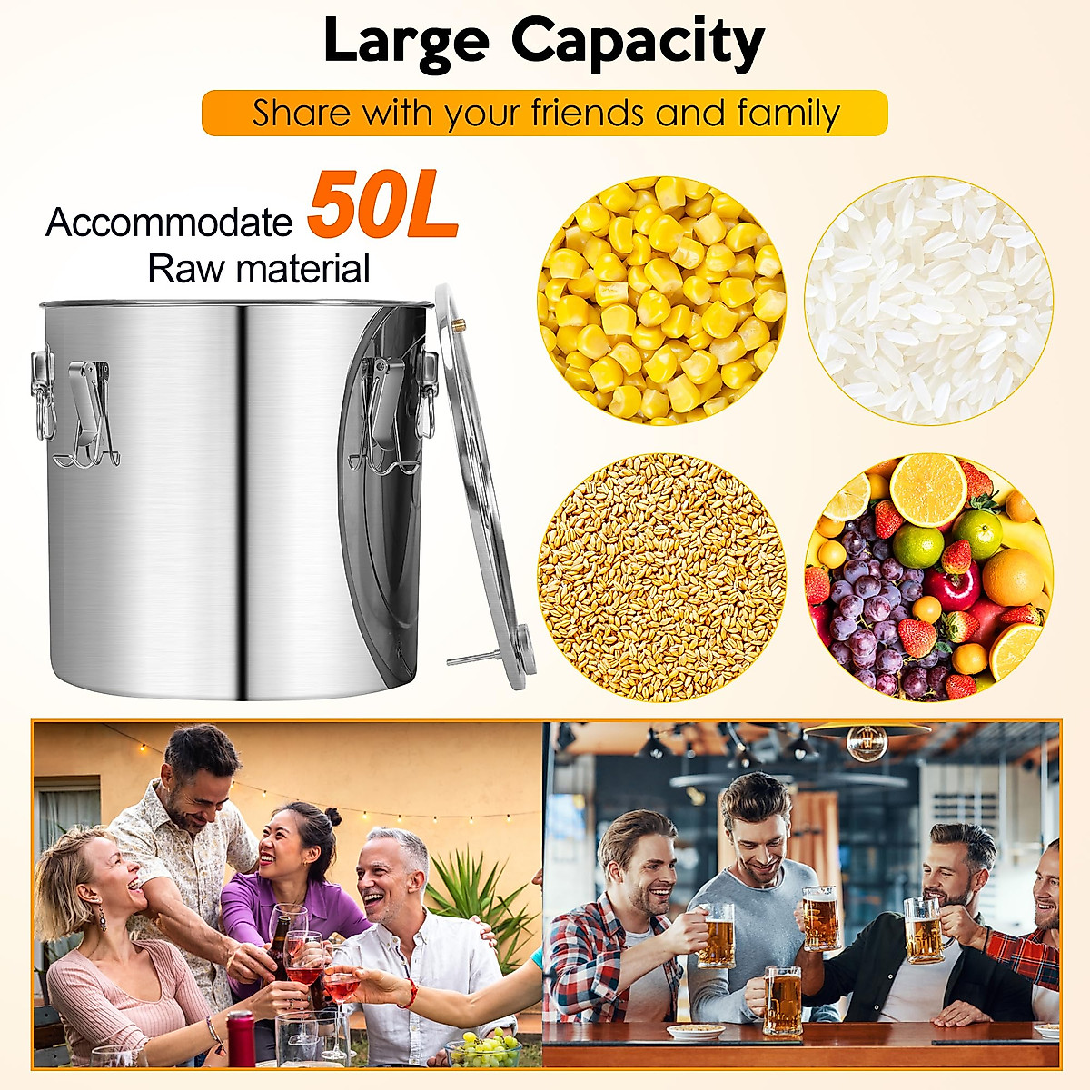 Rengue Alcohol Still 13.2 Gal, 50L Stainless Steel Alcohol Distiller Copper Tube with Thumper Keg, Home Brewing Kit Build-In Thermometer for DIY Whisky Wine Brandy Silver