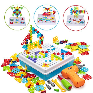 SUPSTEM Creative Toys for Kids 4-8, Mosaic Drill Set with Screwdriver Tool Playset, Electric Drill Toy with Rainbow Fasteners, Premium STEM Building Set for Ages 3+