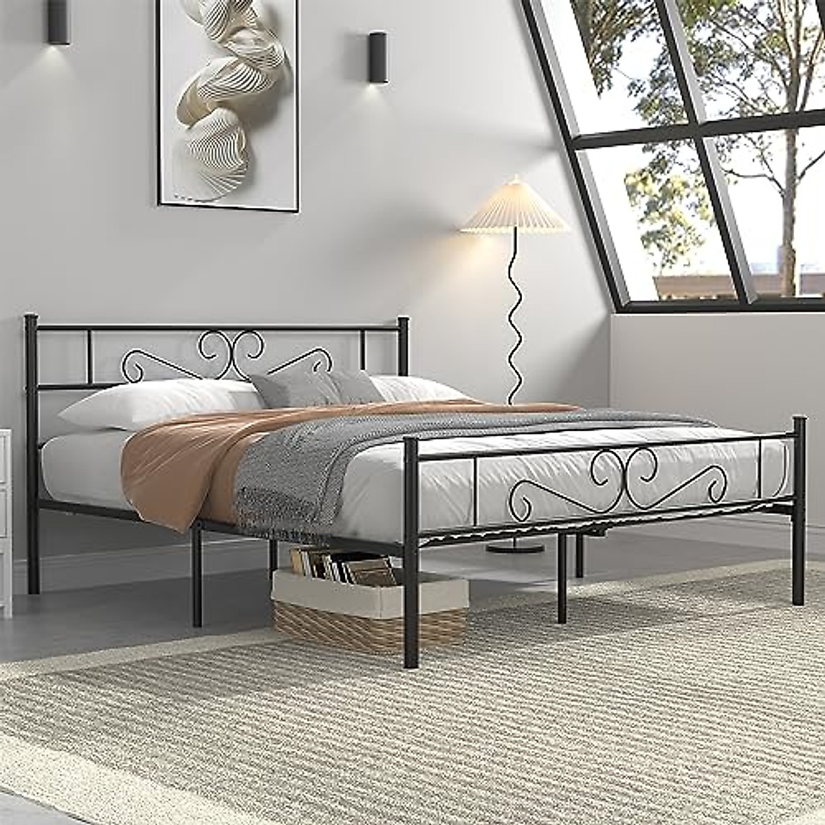 VECELO Full Size Bed Frame with Headboard, 14 Inch Metal Platform Mattress Foundation, No Boxing Spring Needed, Squeak Resistant, Easy Assembly, Black