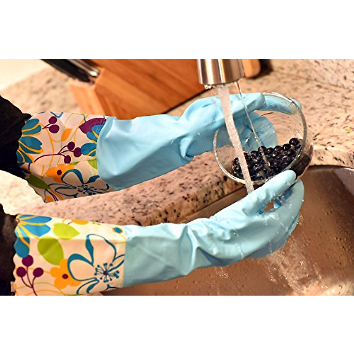 Finnhomy 31229 Household Gloves Latex free cleaning Gloves with soft fiber lining extra long cuff 15" and Vinyl Textured Grip 2 Pair Large