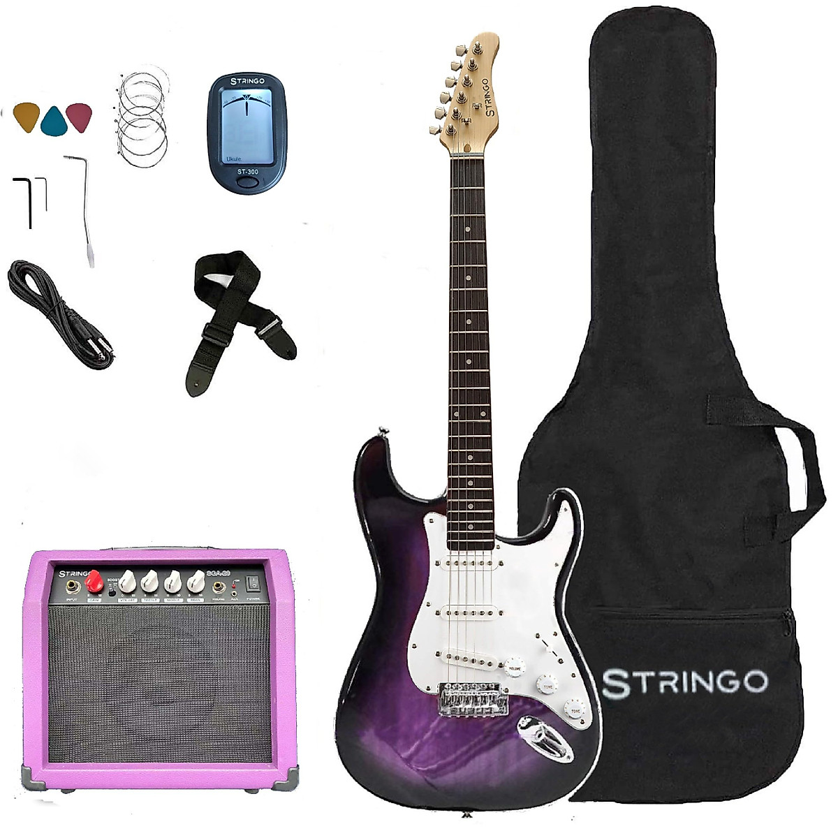 Purple Electric Guitar Beginner Kit Full Size 39 Inch Set Includes Tremolo Guitar, 20W Amplifier 3 Picks, Shoulder Strap, Tuner, Bag Case