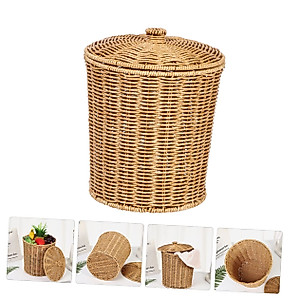 ORFOFE Storage Basket with Lid Organizer with Lid Storage Baskets with Lid Round Basket Rattan Waste Basket Bedroom Storage Basket Wicker Waste Basket Tabletop Basket Laundry Hamper Pp