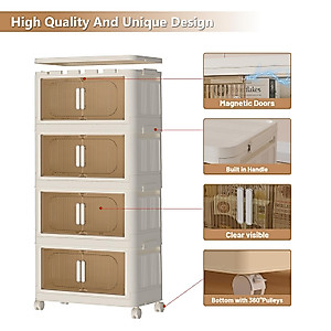 gerritfany Storage Bins with Lids, Collapsible Storage Bins with Wheels, 144QT Plastic Storage Bin, Storage for Closet, Home and Office, Storage Cabinet, 19.3"x11.4"x 40.6", 4-Tier