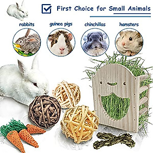 Hamiledyi Wood Rabbit Hay Feeder for Cage Bunny Hay Manger Rack Small Animals Feeding Holder Wooden Grass Dispenser with Chew Toys for Guinea Pig Chinchilla Hamster 9Pcs