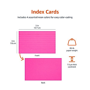 Amazon Basics Ruled Index Flash Cards, Assorted Neon Colored, 3x5 Inch, 300-Count