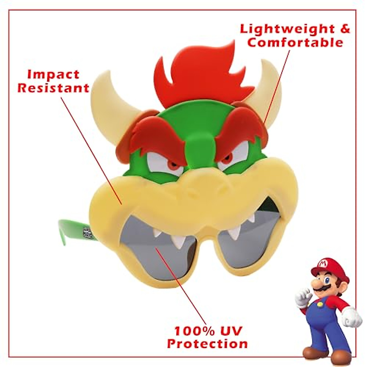 Sun-Staches Nintendo Bowser Sunglasses Costume Accessory UV 400 Lenses with Teeth and Signature Green Mask One Size Fits Most