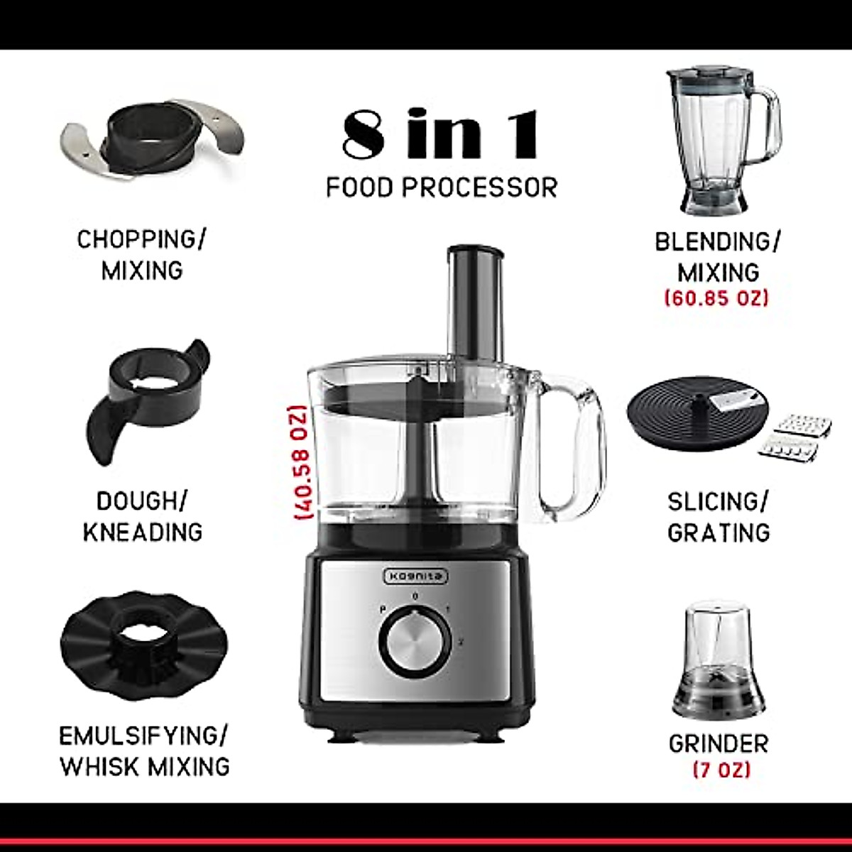 Kognita Blender and Food Processor Combo, 500W 8 in 1 Smart Kitchen Blender with 2 Speeds, 4 Stainless Steel Blades, Dough Blade and Emulsifying Disc for Chopping,Kneading,Shredding and Slicing - 6-Cup Bowl,Silver