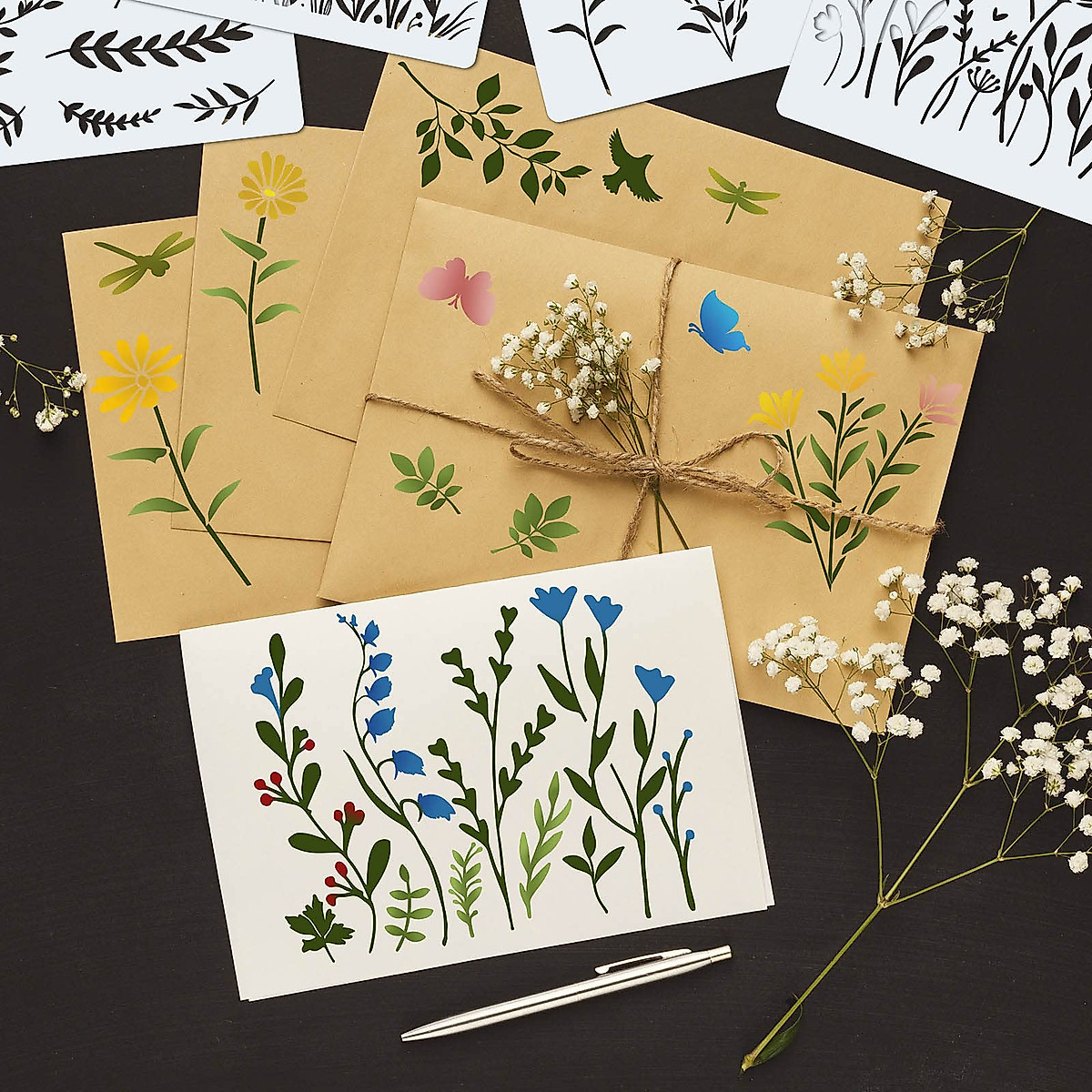 20 Pieces Wildflower Stencils for Painting Template Flower Stencils Wall Stencils Reusable Spring Stencils PET DIY Drawing Templates Stencils for Painting on Wood Wall Home Decor (Rectangular Style)