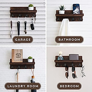 NAUMOO Natural Wooden Key Holder - Wall Mounted Mail Organizer and Key Hanger - Rustic Farmhouse Entryway Shelf with 4 Double Hooks - Decorative Rack for Car Keys, Wallet (Dark Brown)