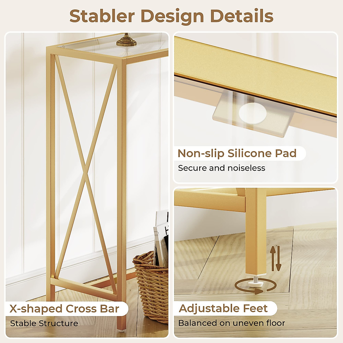 SUPERJARE 70 Inch Console Table with LED Light Strips, Gold Entryway Table with Tempered Glass, Sofa Table, Hallway Table for Entryway, Rubber Pads, for Living Room, Front Door, Gold