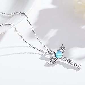 Midir&Etain Angel Necklace 925 Sterling Silver Moonstone Angel Wings Cross Pendant Necklace Hypoallergenic Moonstone Angel Cross Jewelry Gift for Women