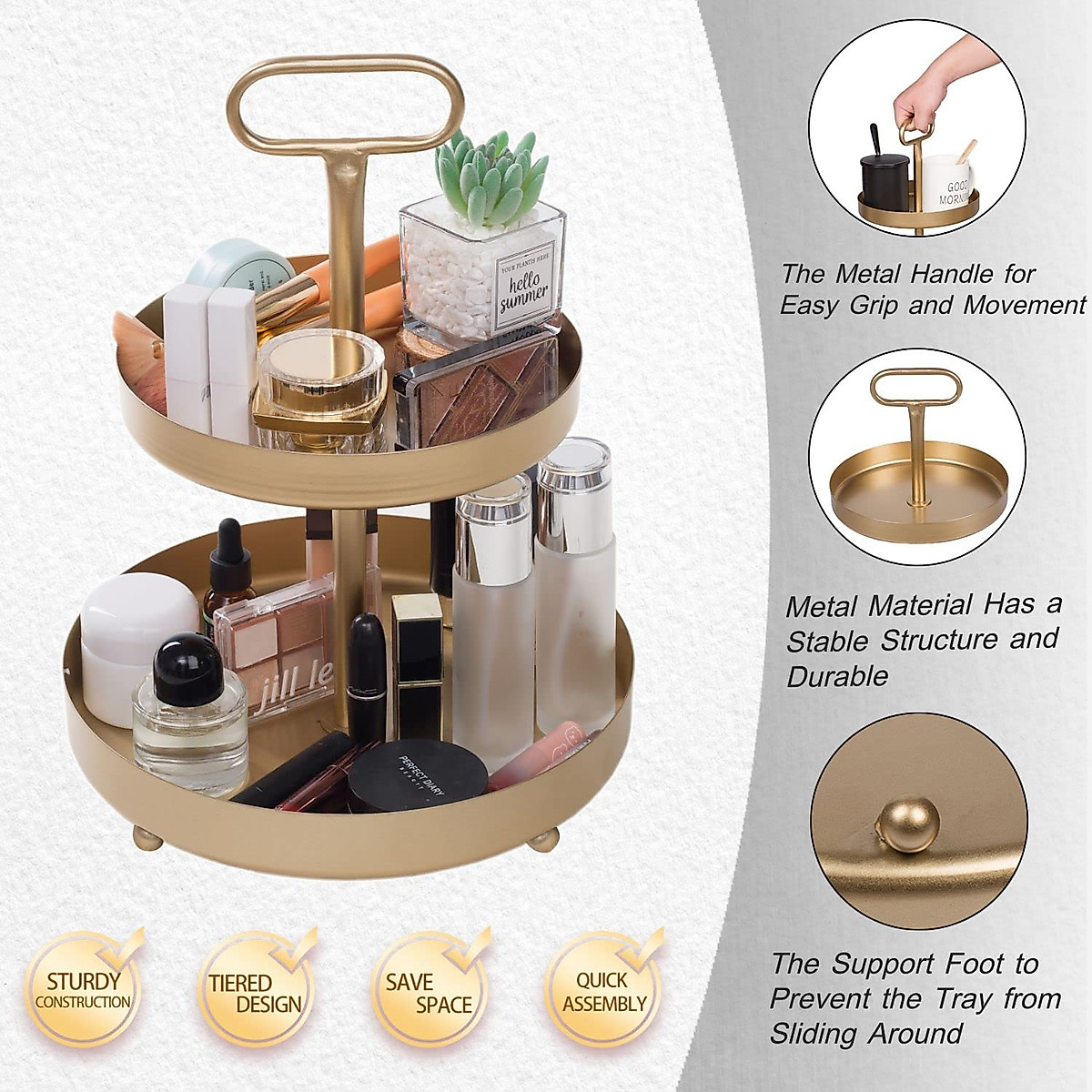 MAONAME Gold 2 Tiered Tray, Metal Two Tier Tray with Handle, Decorative Tray for Kitchen, Living Room, Bathroom, Seasonal Decor