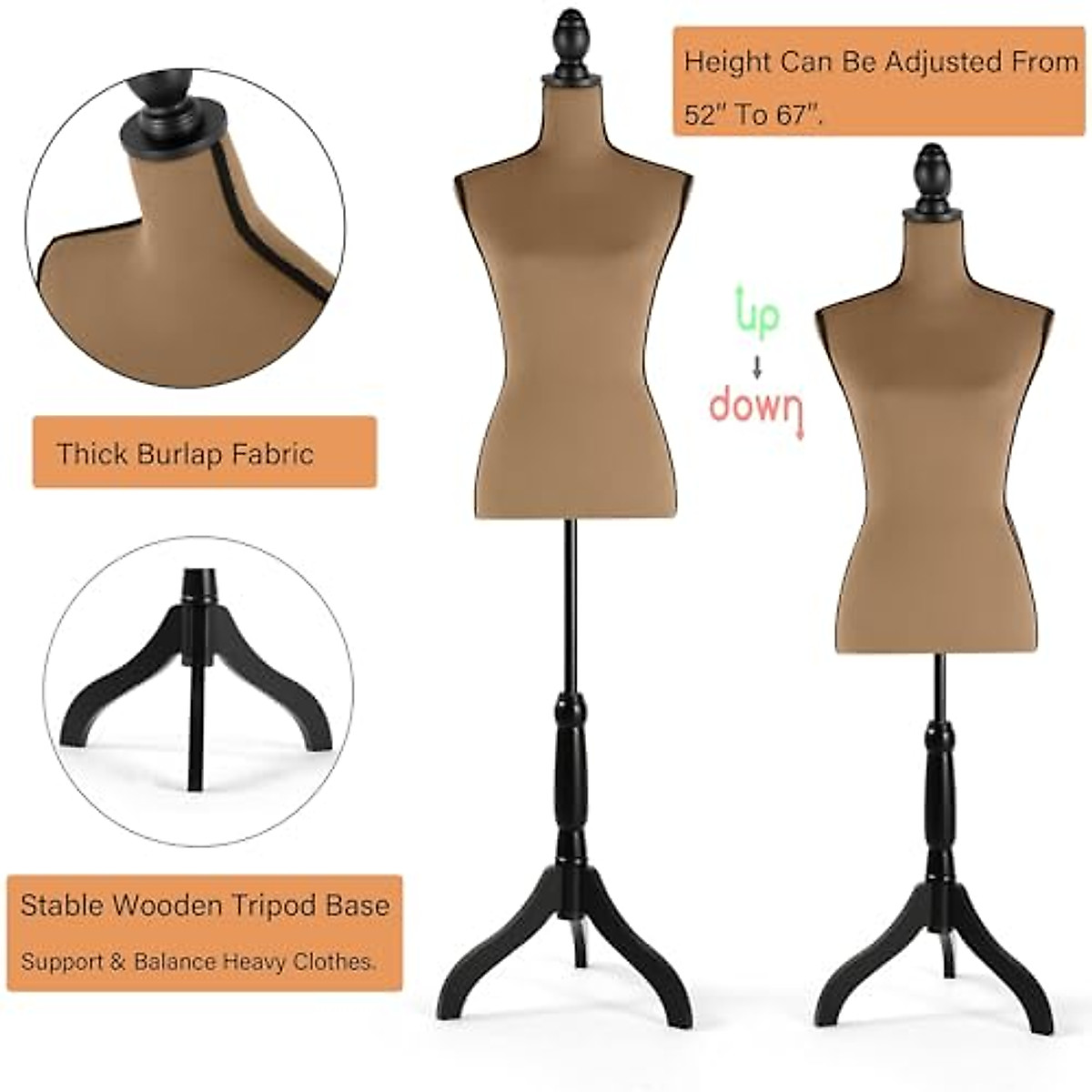 HOMBOUR Dress Form Mannequin Torso, Female Sewing Manikin Body, Pinnable Dressmaker Form with Wooden Tripod Base Stand for Display, Clothing Design, Dark Brown