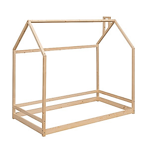 Harper & Bright Designs Montessori House Bed Twin for Kids, Toddler House Bed with Roof,Wood Floor Bed Frame for Girls Boys Bedroom Furniture, Box Spring Needed,Natural