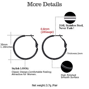 Black Lightweight Thin Hoops | 30mm Black Hoop Earrings for Women