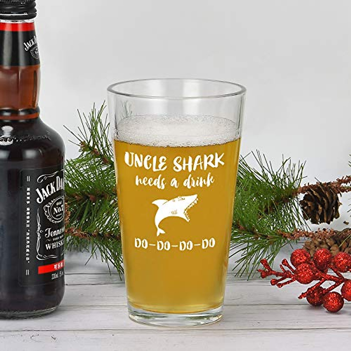Funny Uncle Beer Glass 15Oz - Uncle Shark Beer Pint Glass, Beer Pint Glass for Uncle, New Uncle, Unique Gifts for Christmas, Birthday, Fathers Day, Thanksgiving, White Elephant from Nephew, Niece