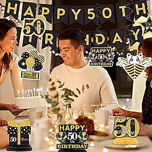50th Glitter Black Gold Birthday Banner Party Decorations, Happy 50th Birthday Decorations Hanging Swirls Banner Honeycomb Centerpieces for Men Women Happy 50 Years Old Bday Party