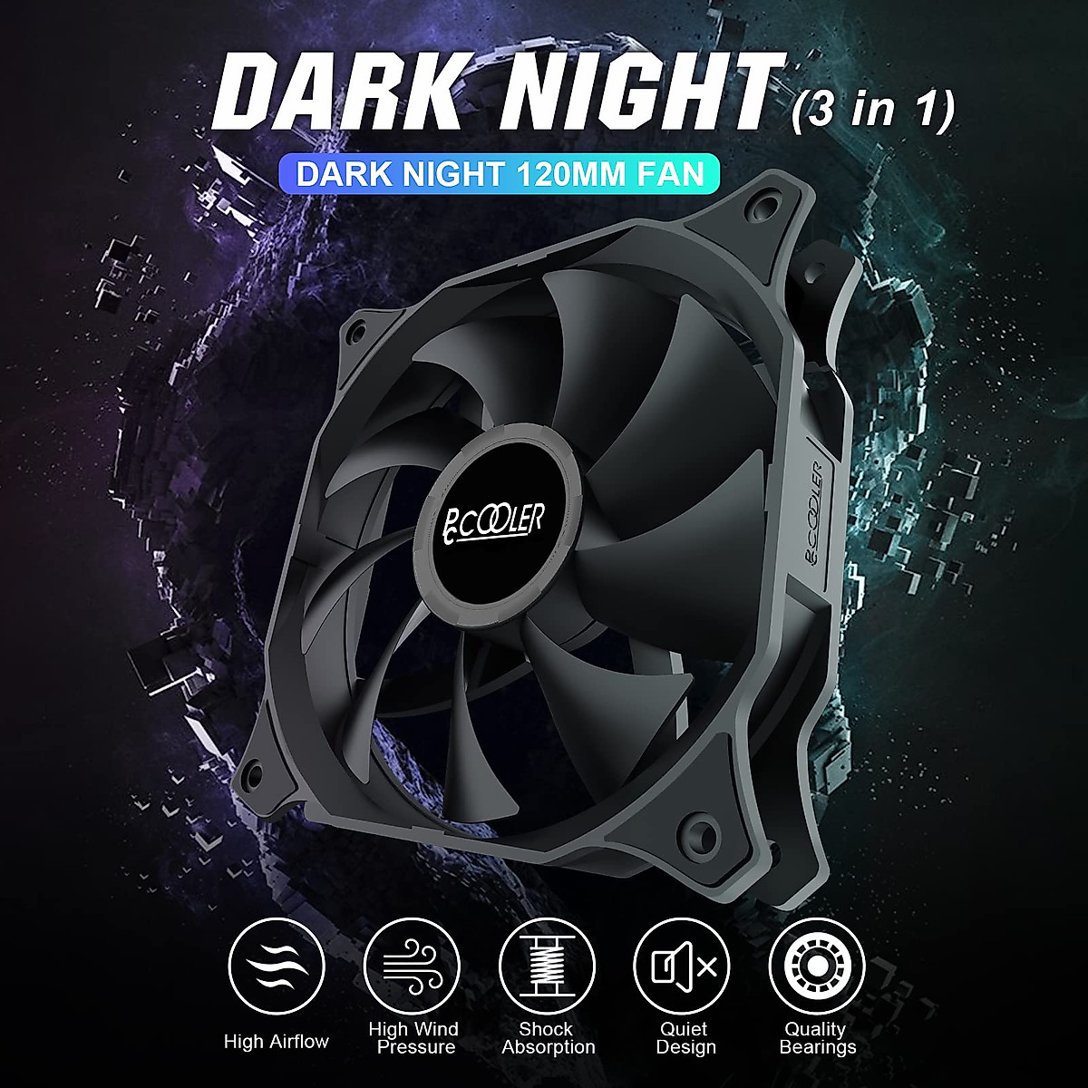 PCCOOLER 120mm Case Fans, DN120 120mm PC Fan 3 Pack Dark Night Series, High Performance Cooling PC Fan - Efficient Hydraulic Bearing - 1200 RPM Low Vibration, Computer Fans 120mm Fan for CPU Cooler