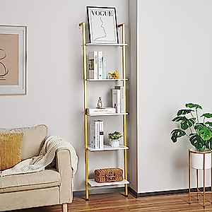 ELYKEN Ladder Shelf, Gold and White 5-Tier Wood Wall Mounted Bookshelf with Metal Frame, Modern Open Display Organizer Rack, Leaning Storage Shelves for Living Room, Bedroom, Home Office
