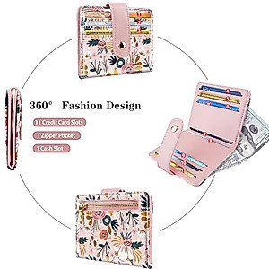 Slim Bifold Wallet RFID Credit Card Wallet Small Cute Card Holder for Women, Pink Flowers