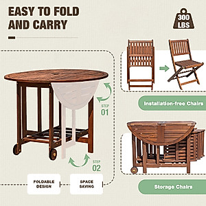 Devoko 5 PCS Patio Furniture, Patio Dining Set Acacia Wood Outdoor Table and Chairs, with 4 Folding Chairs and 37" Round Movable Table, Outdoor Dining Set for Lawn, Balcony, Garden