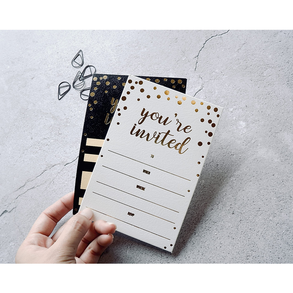 Chriz.Z Invitation Cards - 50-Count 4" x 6" Black Invitation Cards ‘’You Are Invited’’ in Gold Foil with 52 Gold Confetti Foil Kraft Envelopes – For Wedding, Bridal Shower, Baby Shower, Birthday