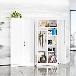 INTERGREAT 72”Tall Metal Wardrobe Cabinets with Lock,Clothing Storage Cabinets with Hanging Rod and 4 Adjustable Shelves，Closet for Home Living/Laundry Room/Department (White)