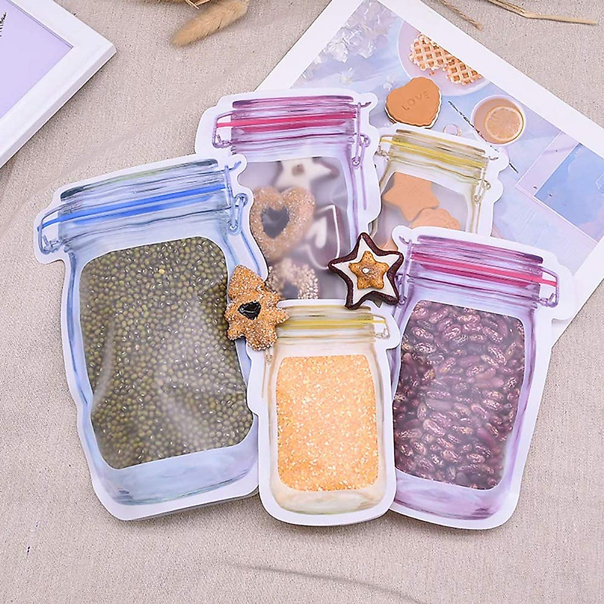 10Pcs Mason Jar Pattern Food Storage Bag Reusable Portable Stand Up Smell Proof Ziplock Bags Snack Saver Container Retail Package Bag Frosted Pouches Blue 9.6×6.7in (24.5×17.5cm)
